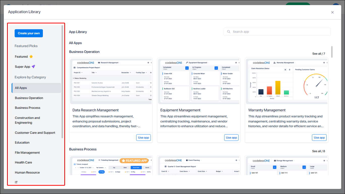 Creating an app using a pre-existing template - Codeless ONE