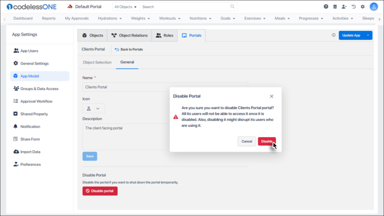 How to Disable and Enable a Portal in Your Application - Codeless ONE