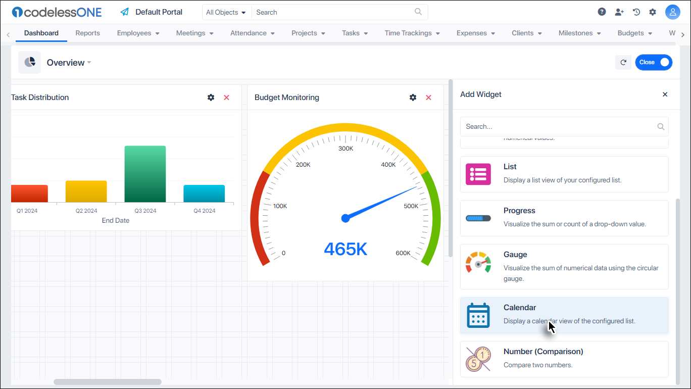 Dashboard Widgets: How to add Number, Chart, Gauge and Calendar - Codeless ONE