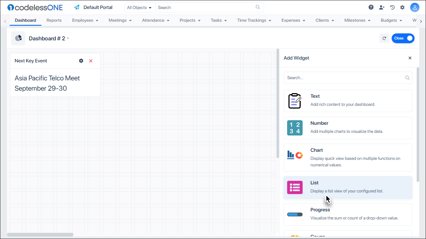 Dashboard Widgets: How to add Text, List, Progress and Number - Codeless ONE