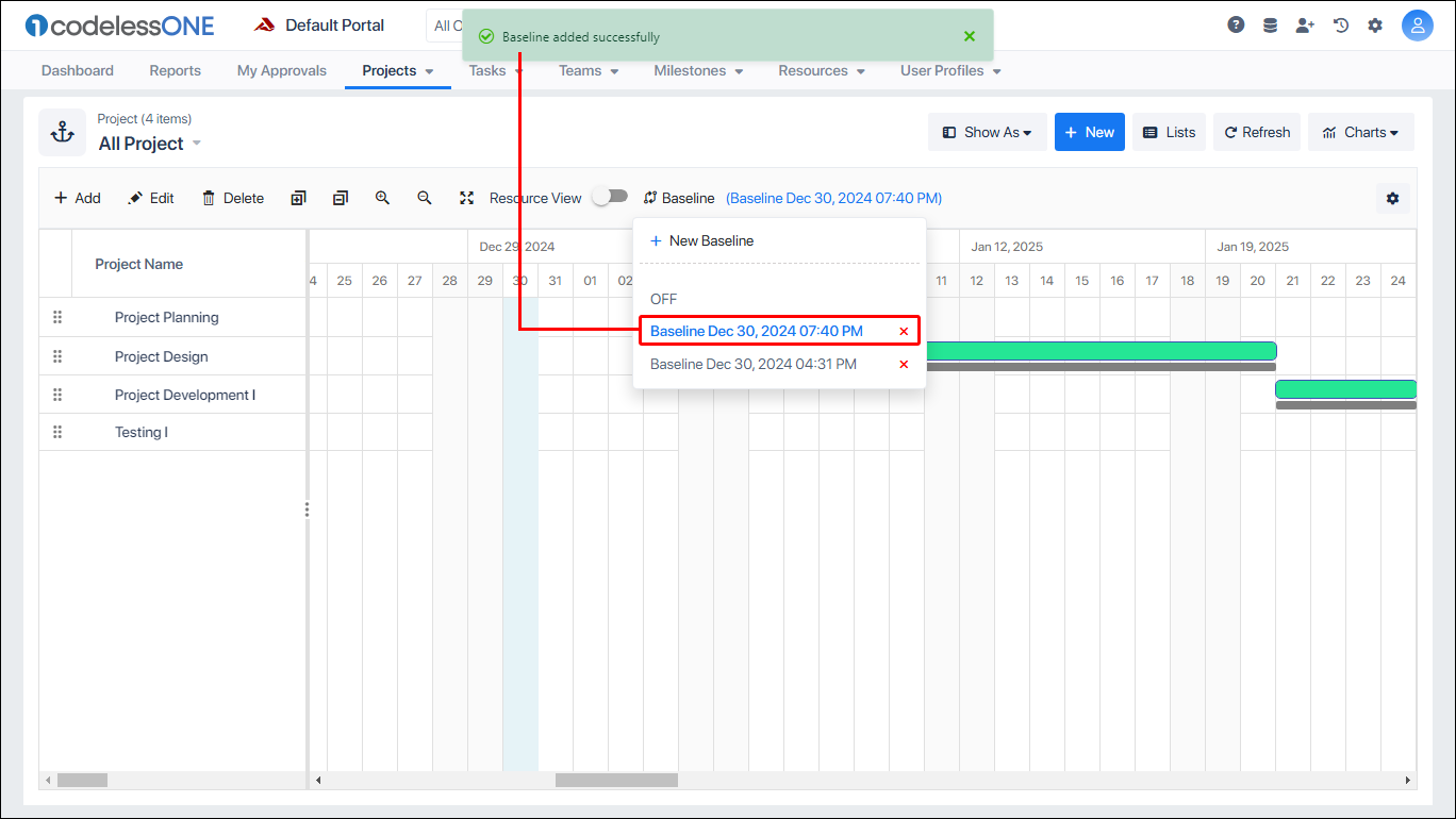 Baselines in Gantt Chart - Codeless ONE